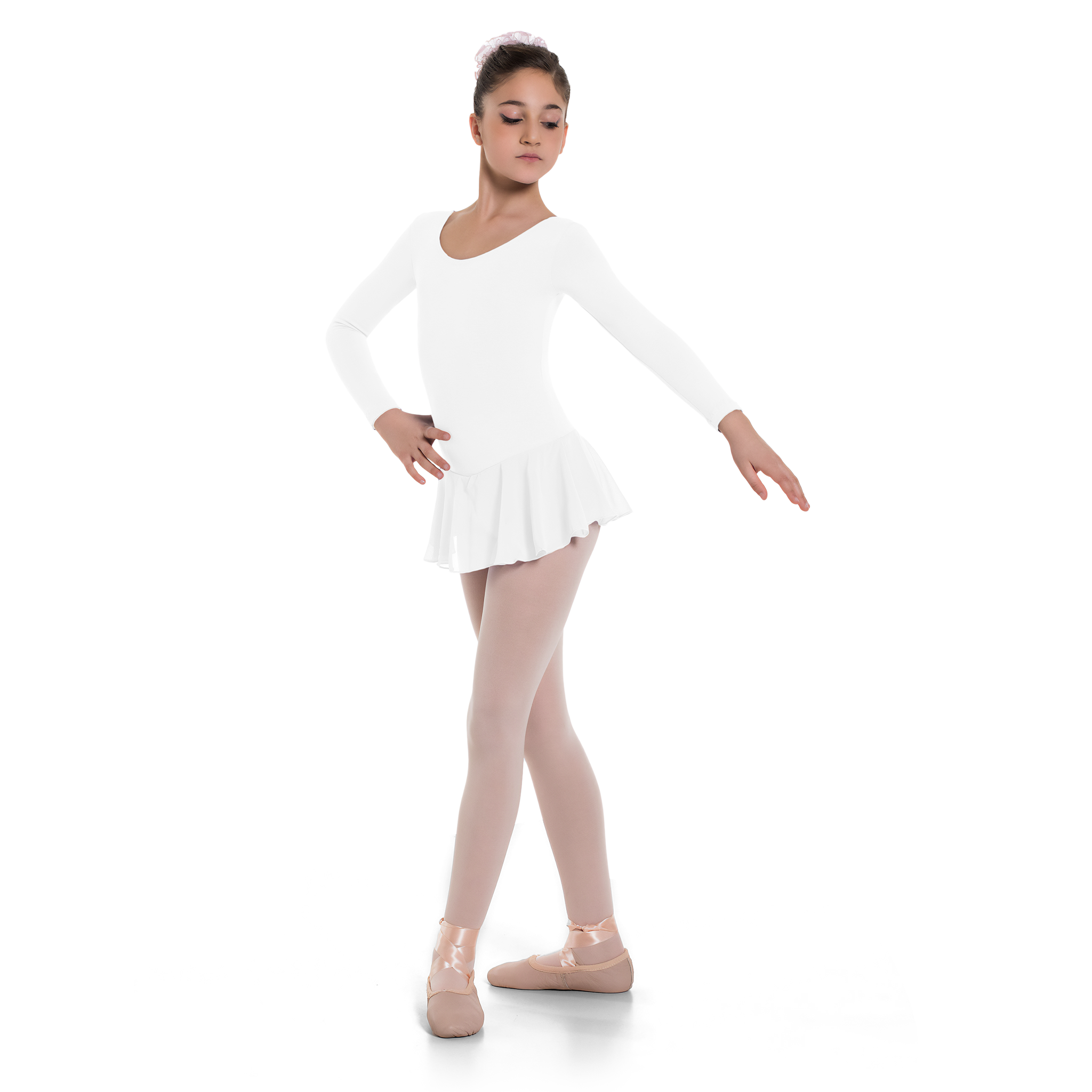 Sheddo 114C ⬝ White • Weißes Mädchen-Ballettkleid, lange Arme • Hacke ...